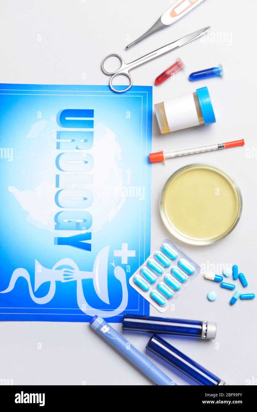 Paper sheet with text UROLOGY, urine, and blood sample and medicines on ...