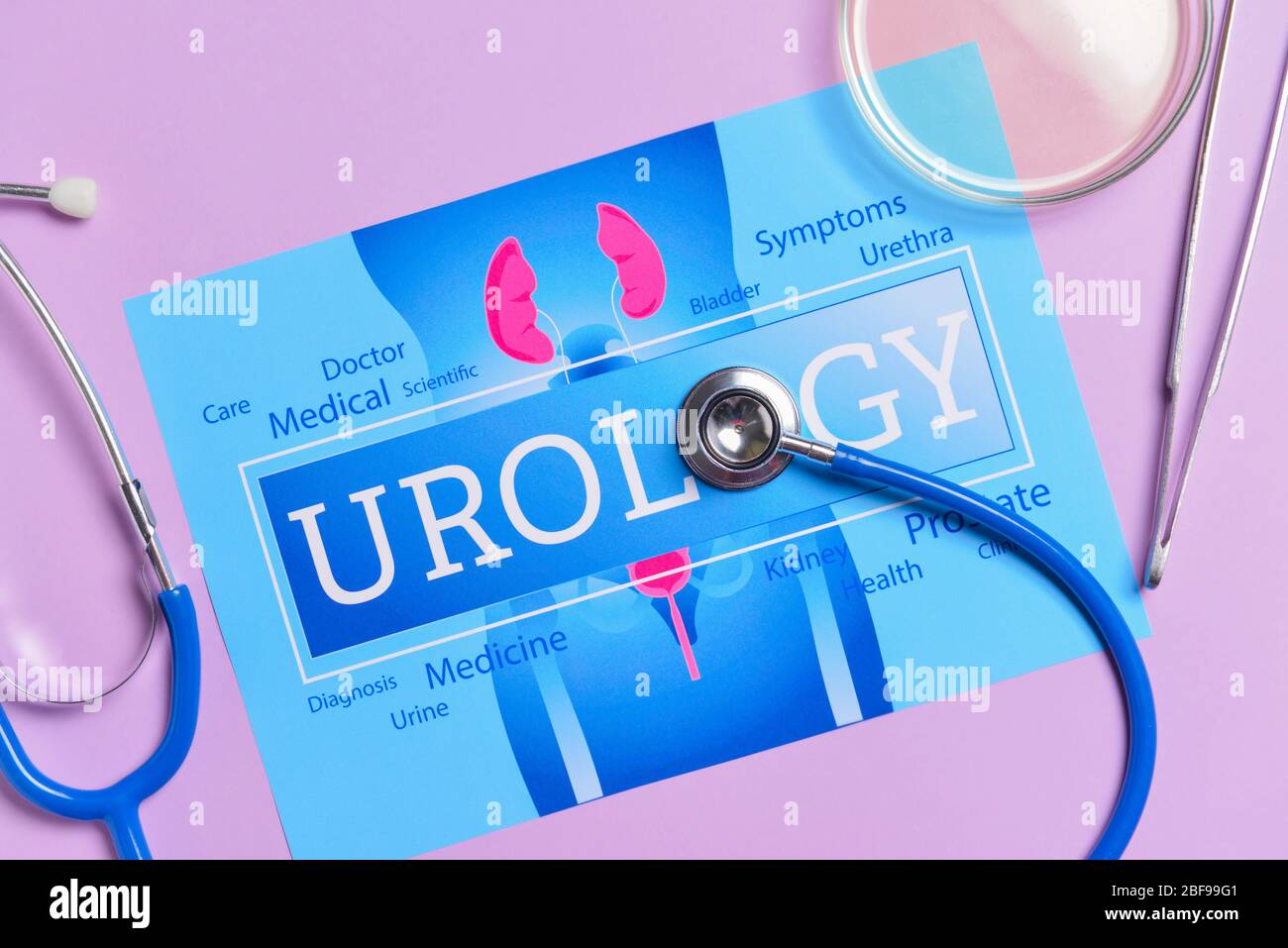 Paper sheet with text UROLOGY, stethoscope and urine sample on color ...