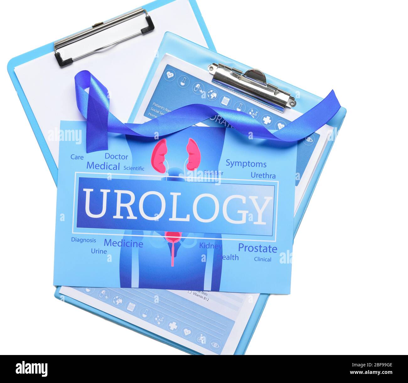 Paper sheet with text UROLOGY, awareness ribbon and laboratory test ...