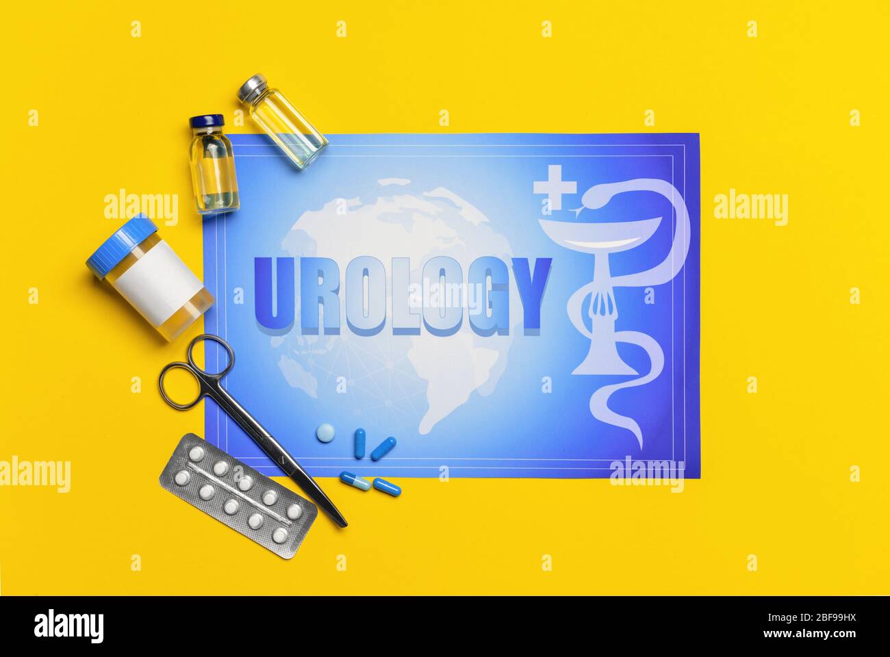Paper sheet with text UROLOGY, urine sample and medicines on color ...