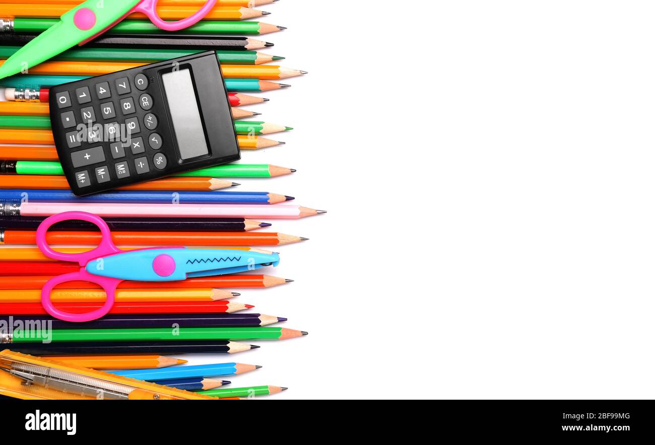School supplies on white background Stock Photo - Alamy