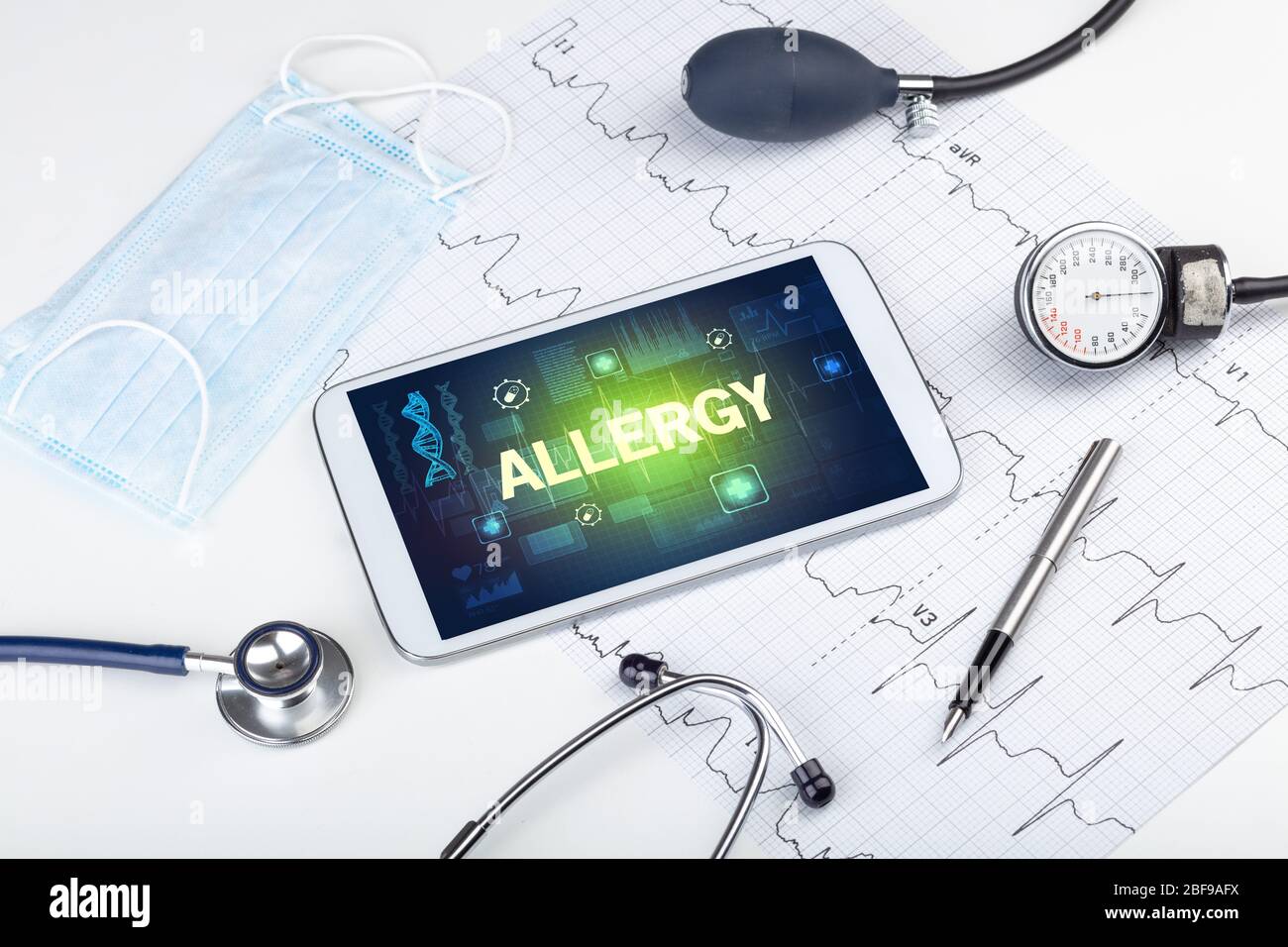 Tablet pc and medical stuff with ALLERGY inscription, prevention ...