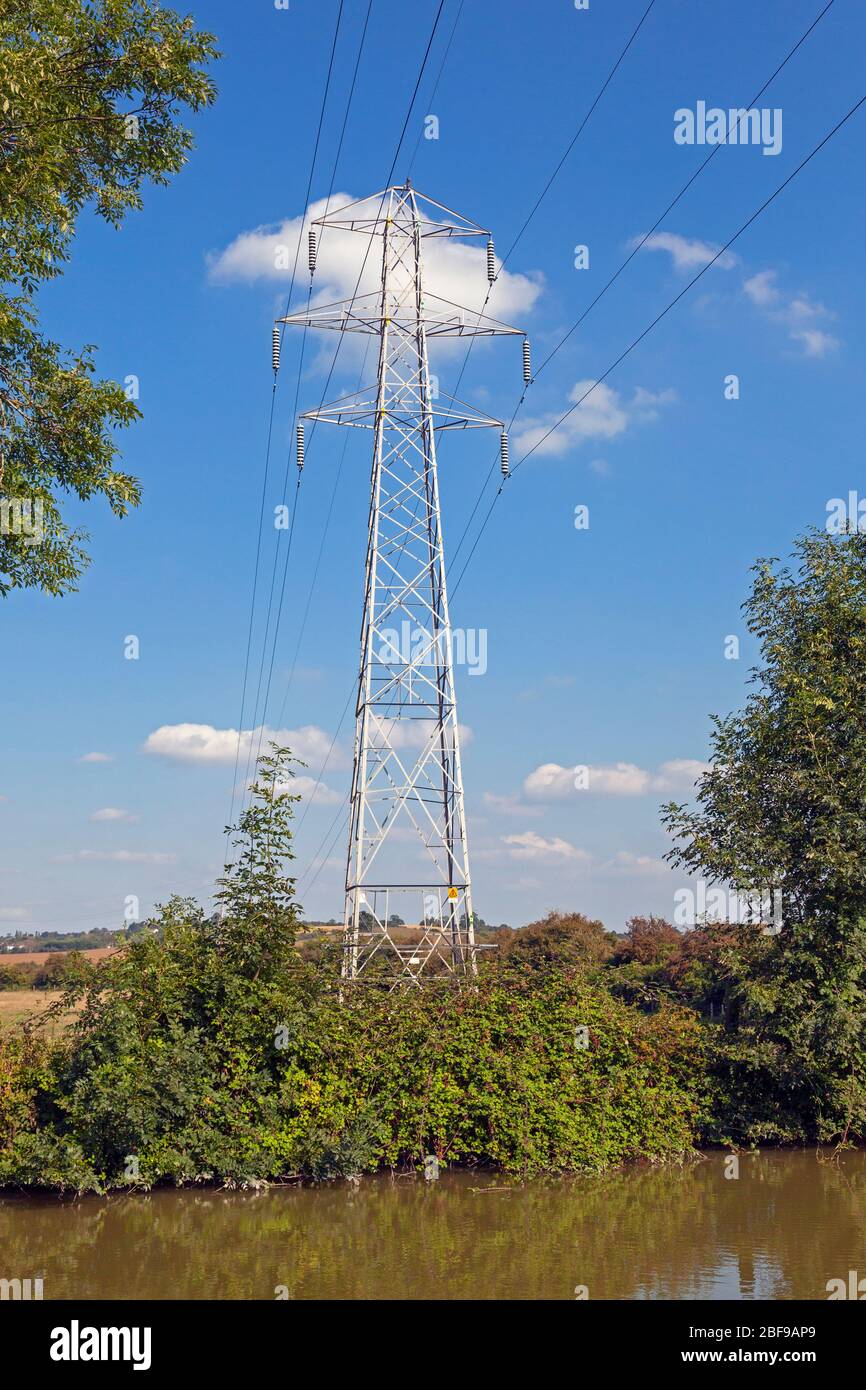 England, Buckinghamshire, High-voltage power line and pylon crossing ...