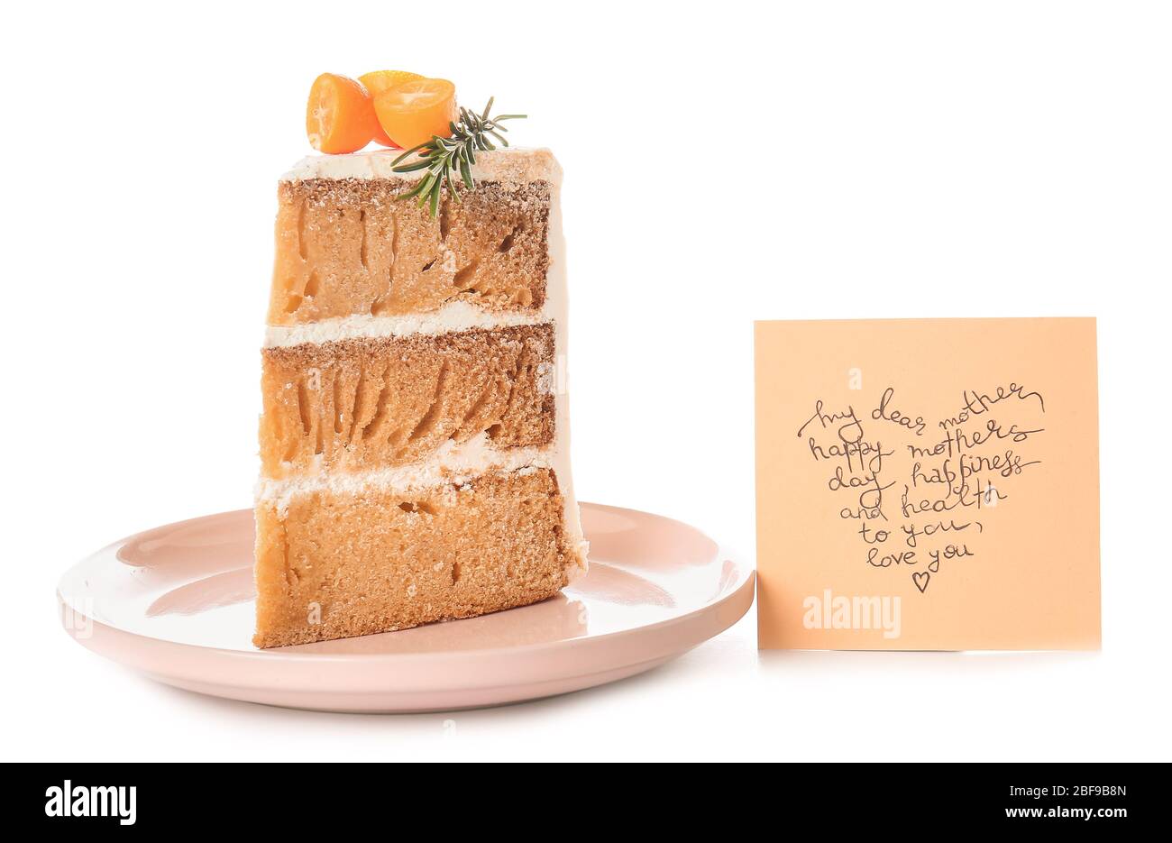 Tasty cake with greeting card for mother on white background Stock ...