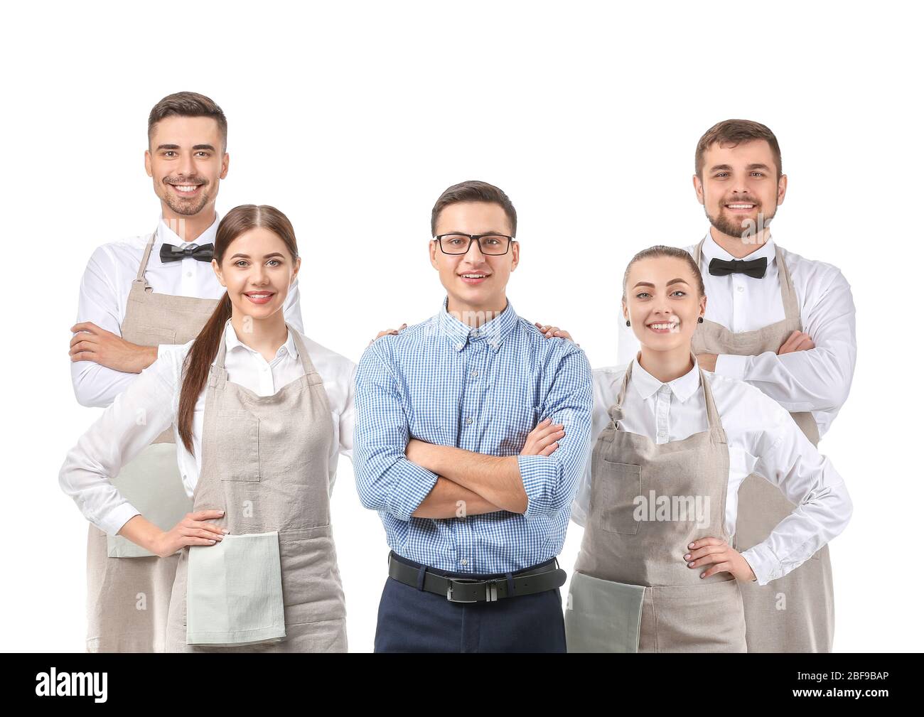 Group of waiters with teacher on white background Stock Photo - Alamy