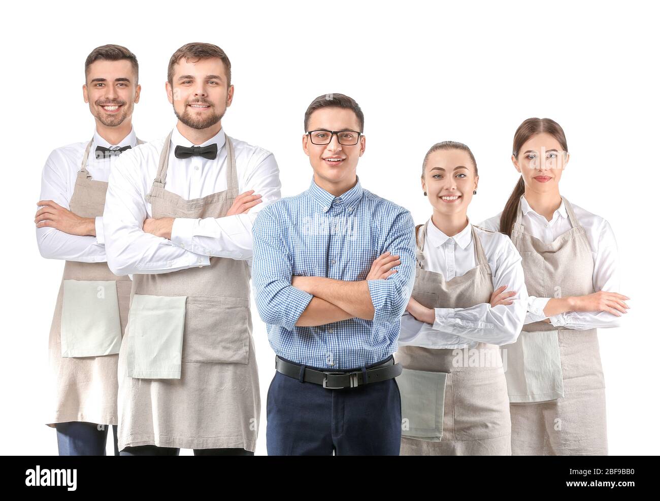 Group of waiters with teacher on white background Stock Photo - Alamy