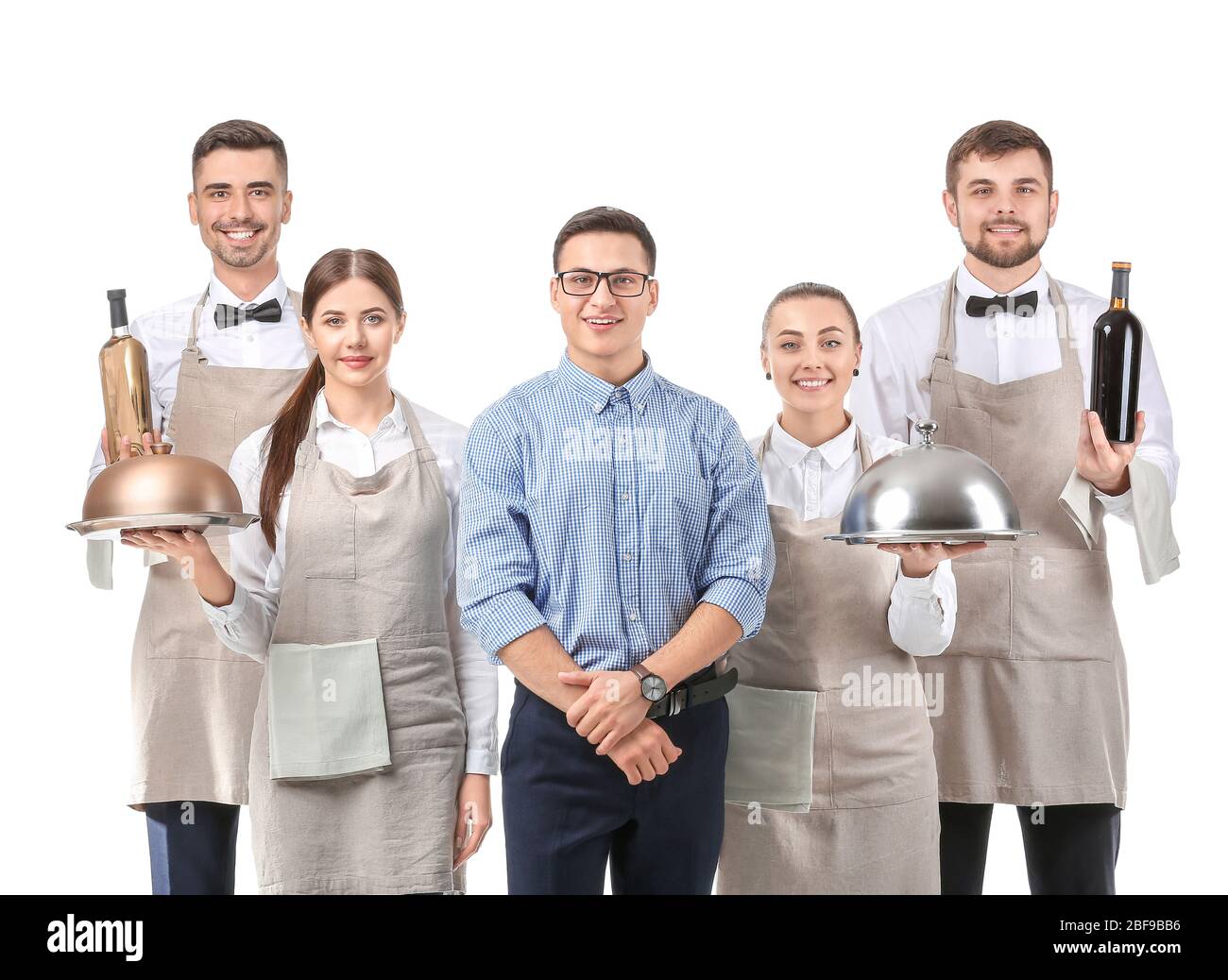 Group of waiters with teacher on white background Stock Photo - Alamy