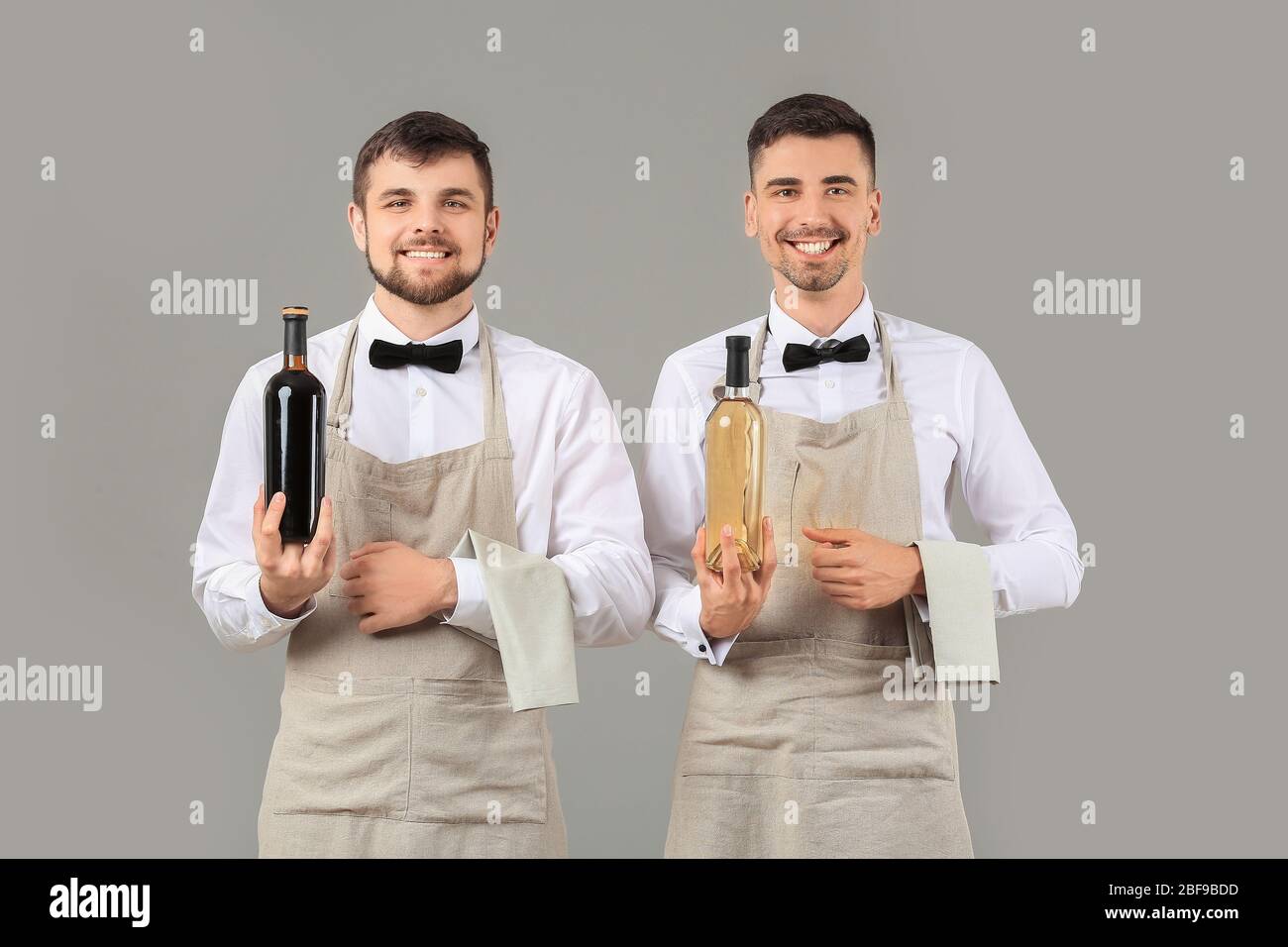 Portrait of waiters on grey background Stock Photo - Alamy