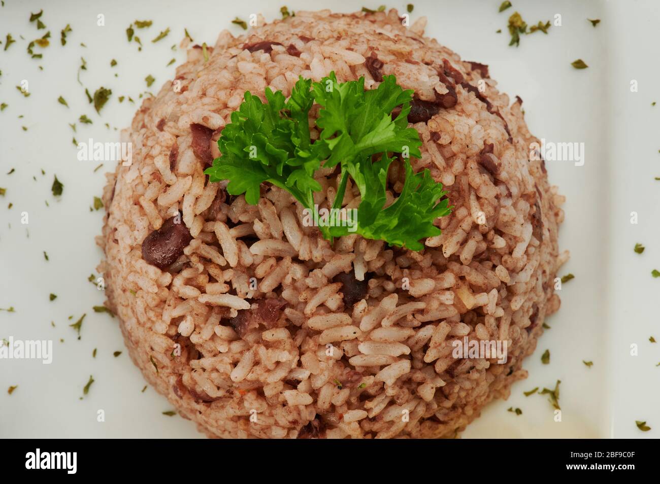 Pile of gallo pinto rice with parsley on plate close up view Stock ...