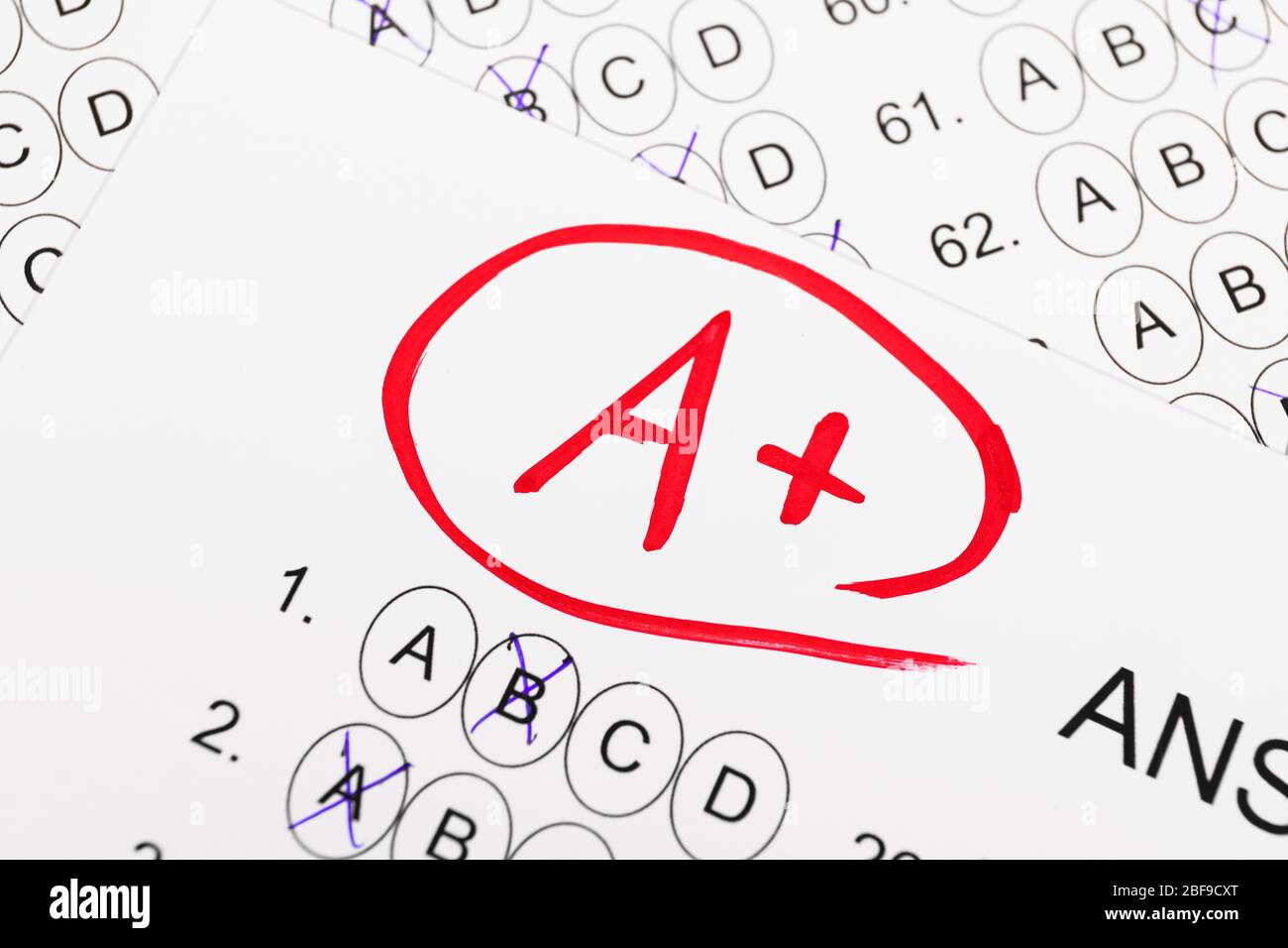 Checked answer sheet, closeup. Concept of passing exam Stock Photo - Alamy