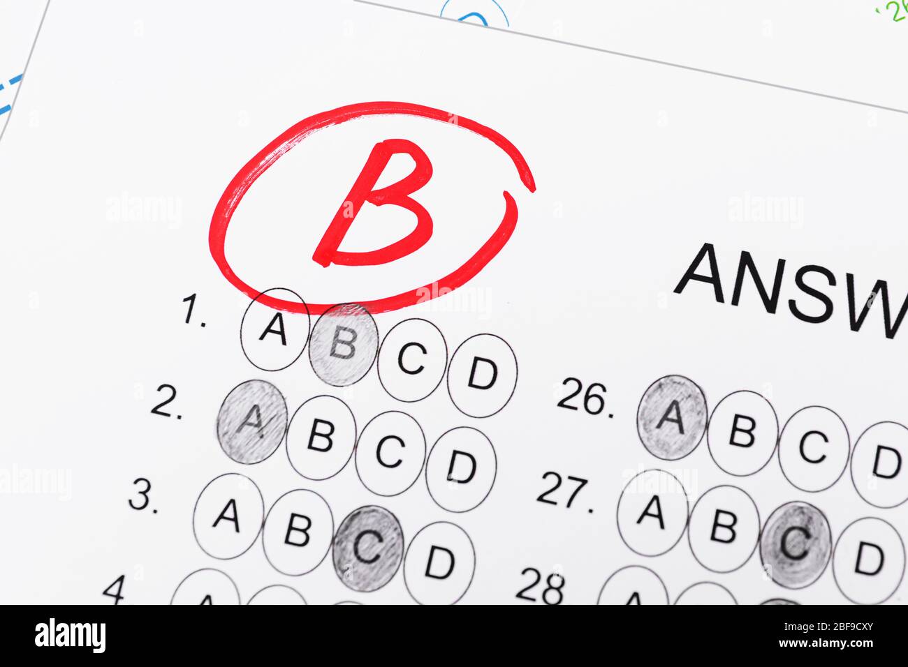 Checked answer sheet, closeup. Concept of passing exam Stock Photo - Alamy