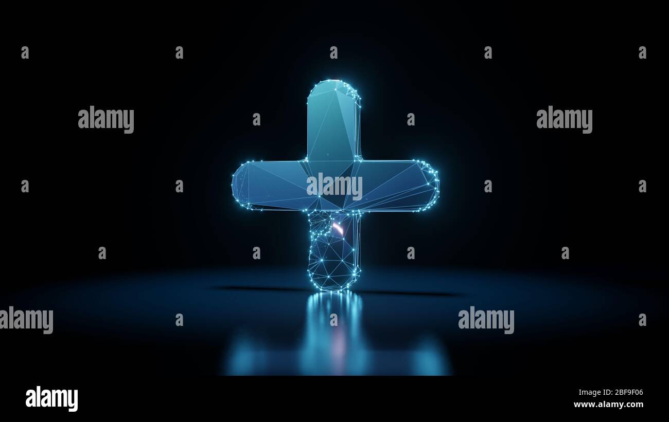 3d rendering wireframe digital techno neon glowing symbol of plus with rounded corner with ...