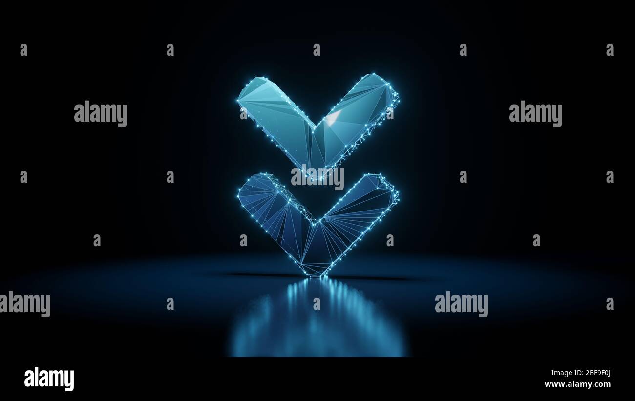3d rendering wireframe digital techno neon glowing thick symbol of angle double arrow down with ...