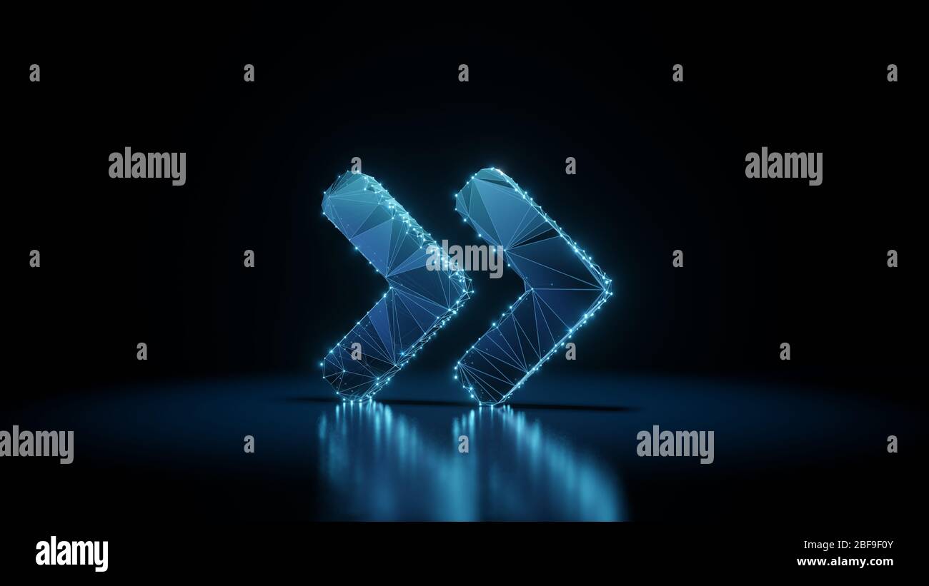 3d rendering wireframe digital techno neon glowing thick symbol of angle double arrow right with ...