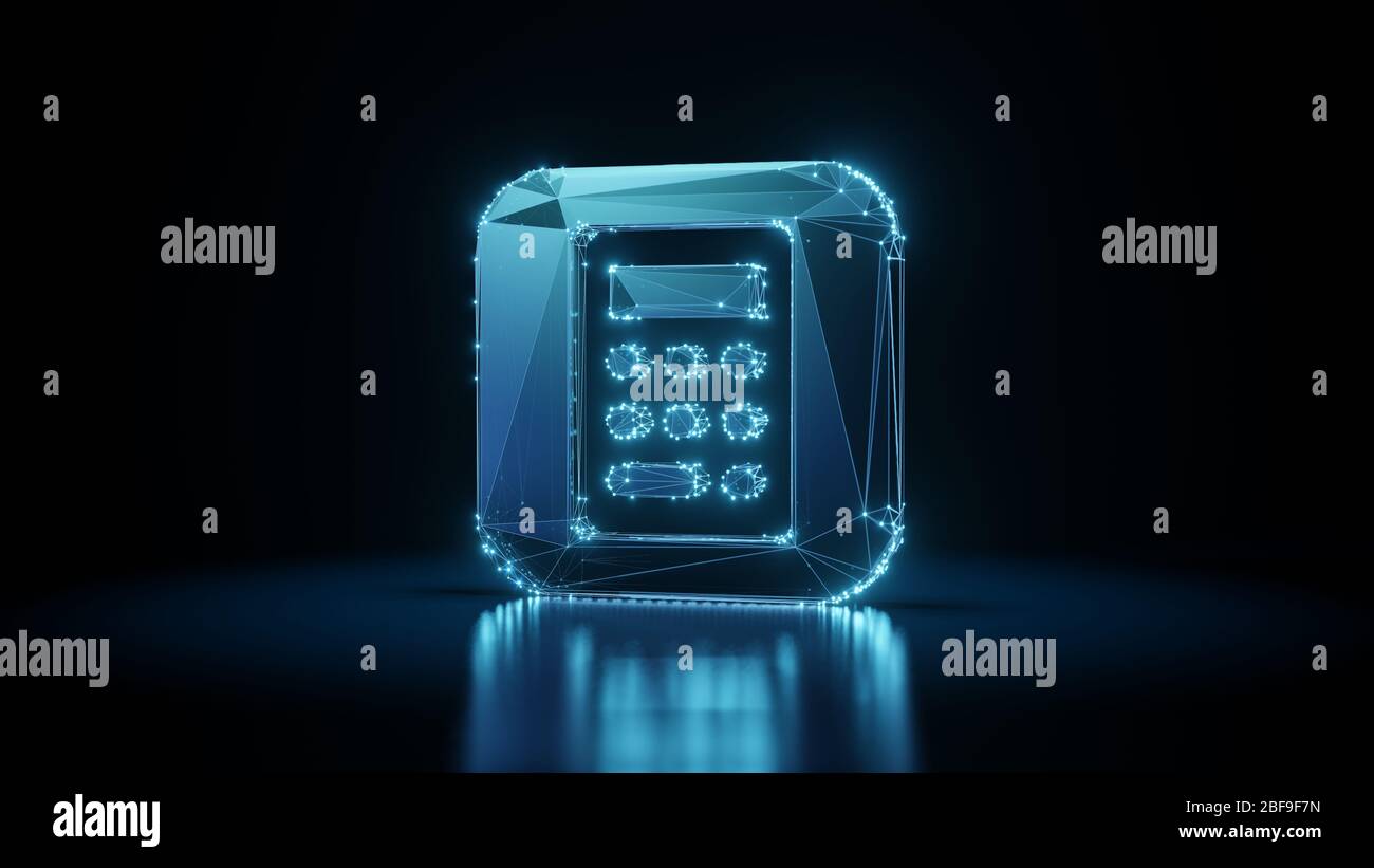 3d rendering wireframe digital techno neon glowing icon of calculator app in iOS style with ...