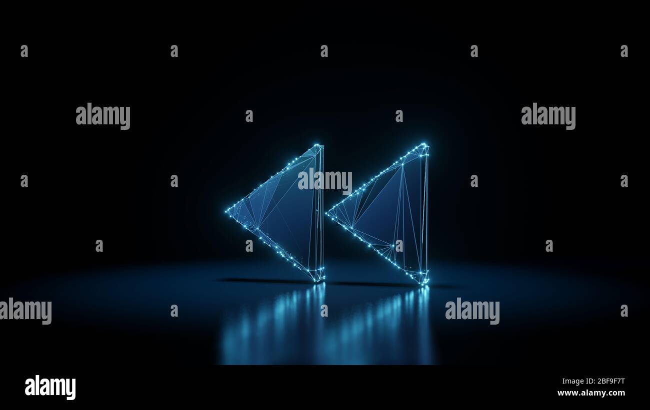 3d Rendering Wireframe Digital Techno Neon Glowing Symbol Of Double Fast Backward Left Triangle