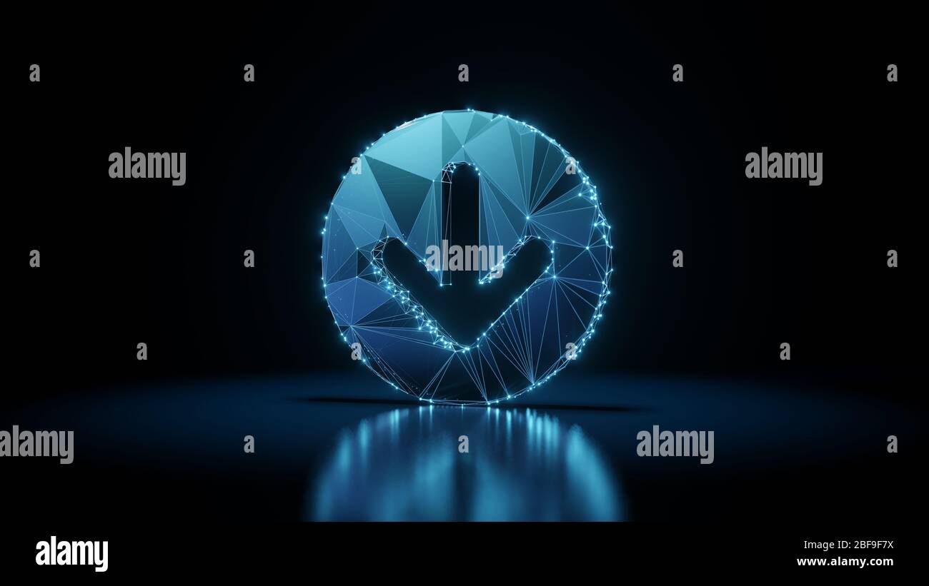 3d rendering wireframe digital techno neon glowing symbol of open down rounded arrow in circle ...