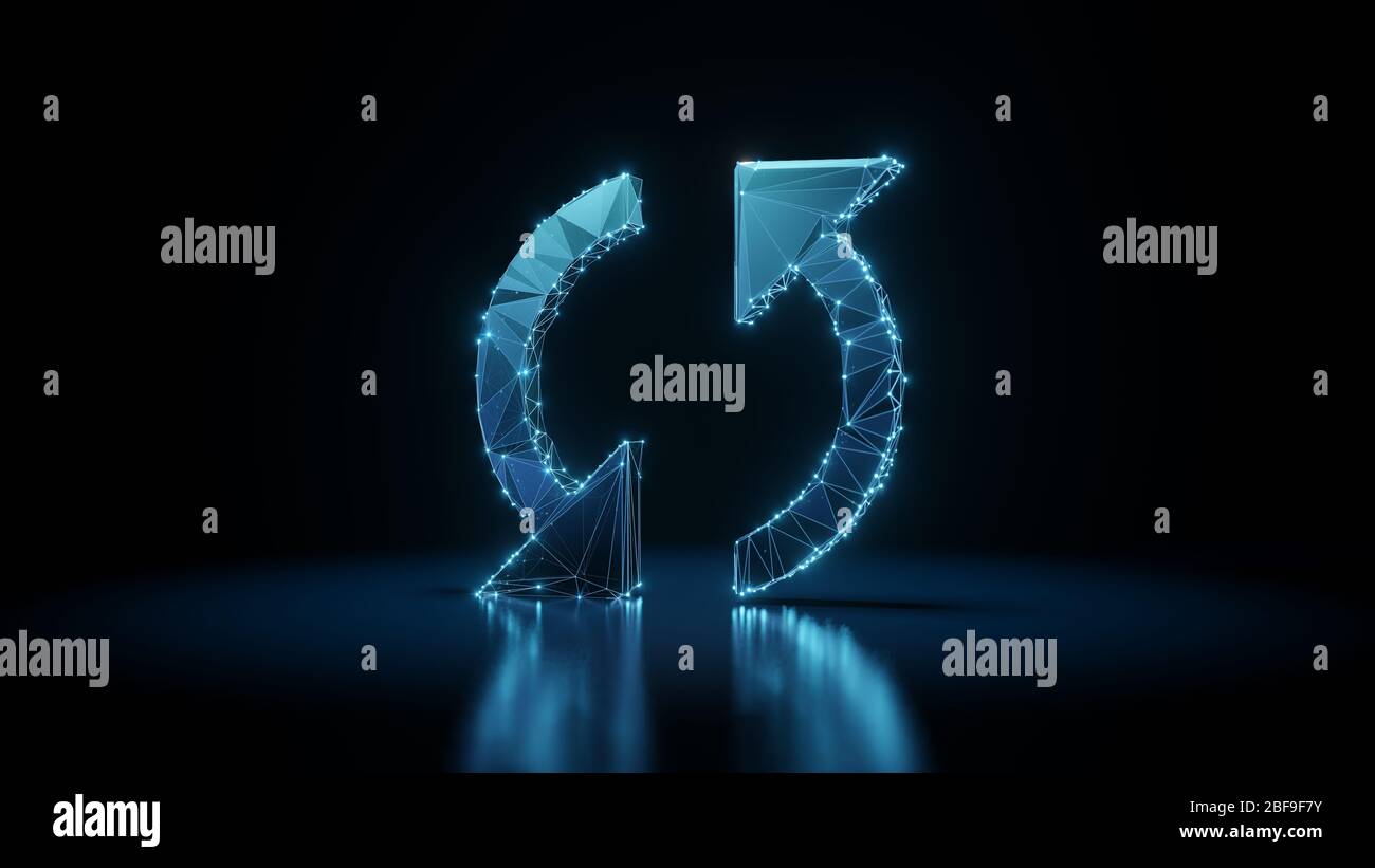 3d rendering wireframe digital techno neon glowing clockwise symbol of double refresh arrow with ...