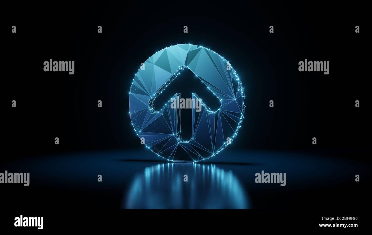 3d rendering wireframe digital techno neon glowing symbol of open down rounded arrow in circle ...