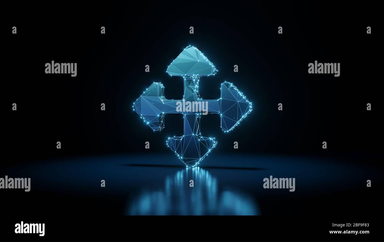 3d rendering wireframe digital techno neon glowing symbol of four direction move simple arrows ...