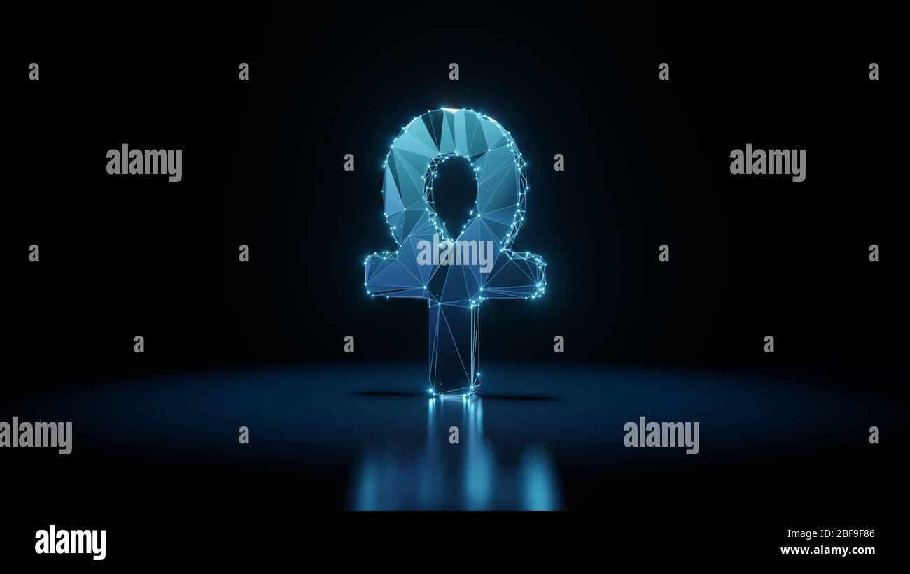 3d rendering wireframe digital techno neon glowing symbol of ankh with ...