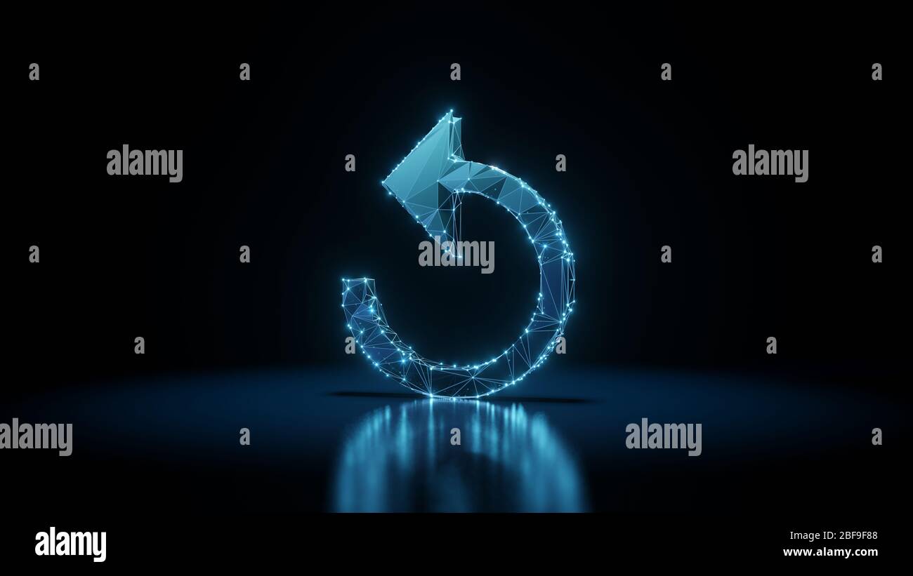 3d rendering wireframe digital techno neon glowing counterclockwise symbol of refresh arrow with ...