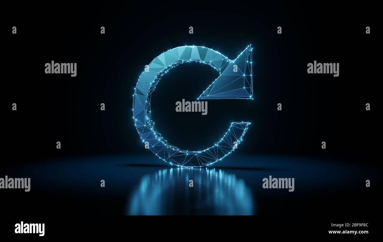 3d rendering wireframe digital techno neon glowing clockwise symbol of refresh arrow with ...