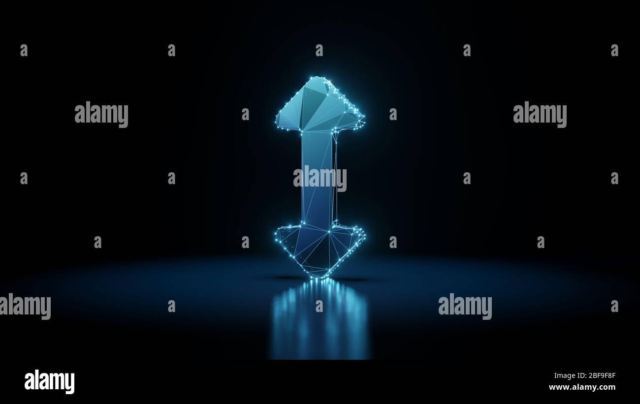 3d rendering wireframe digital techno neon glowing symbol of double side vertical arrow with ...