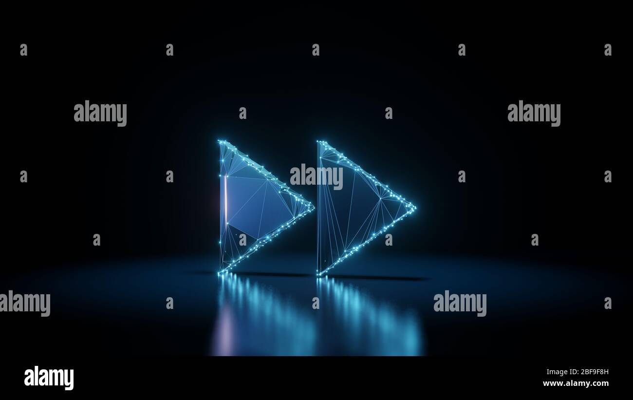 3d rendering wireframe digital techno neon glowing symbol of double fast forward right triangle ...