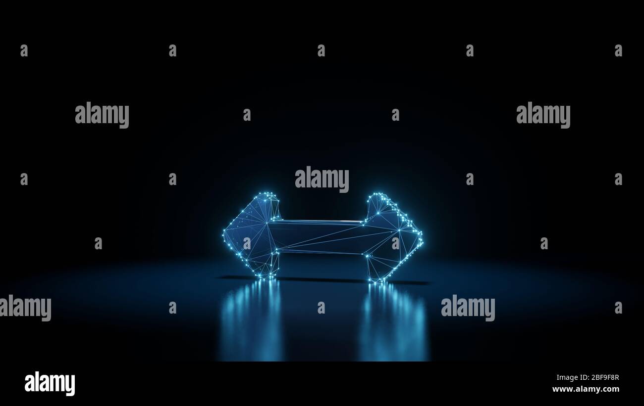 3d rendering wireframe digital techno neon glowing symbol of double side horizontal arrow with ...