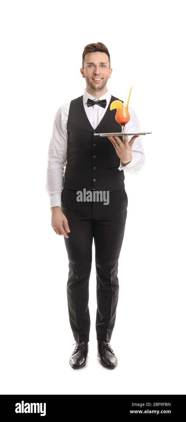 Handsome male waiter on white background Stock Photo - Alamy