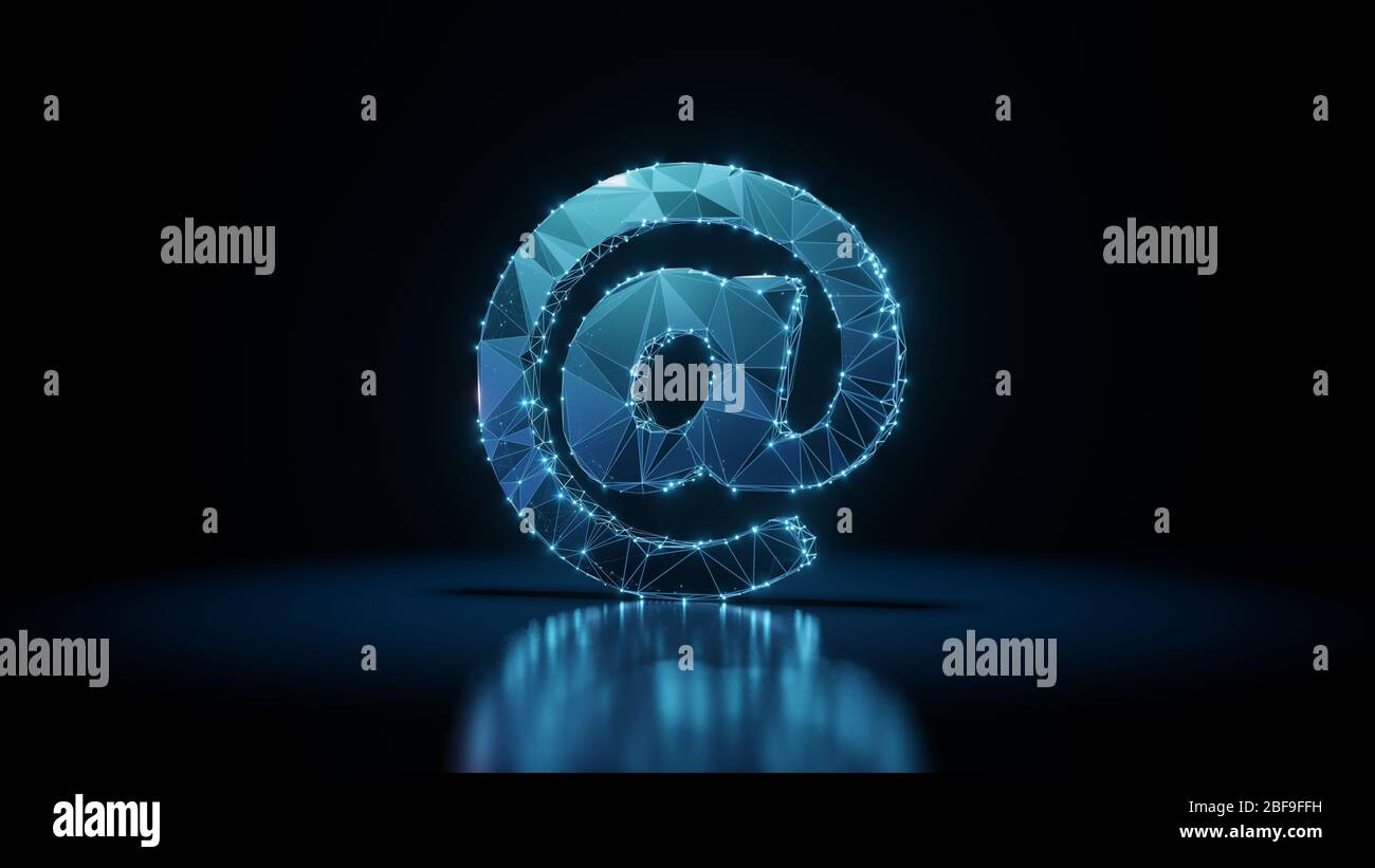 3d rendering wireframe digital techno neon glowing symbol of at sign ...