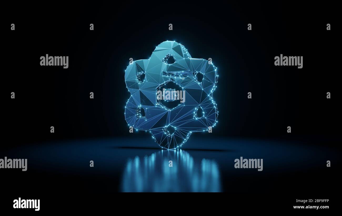 3d rendering wireframe digital techno neon glowing symbol of atom with ...