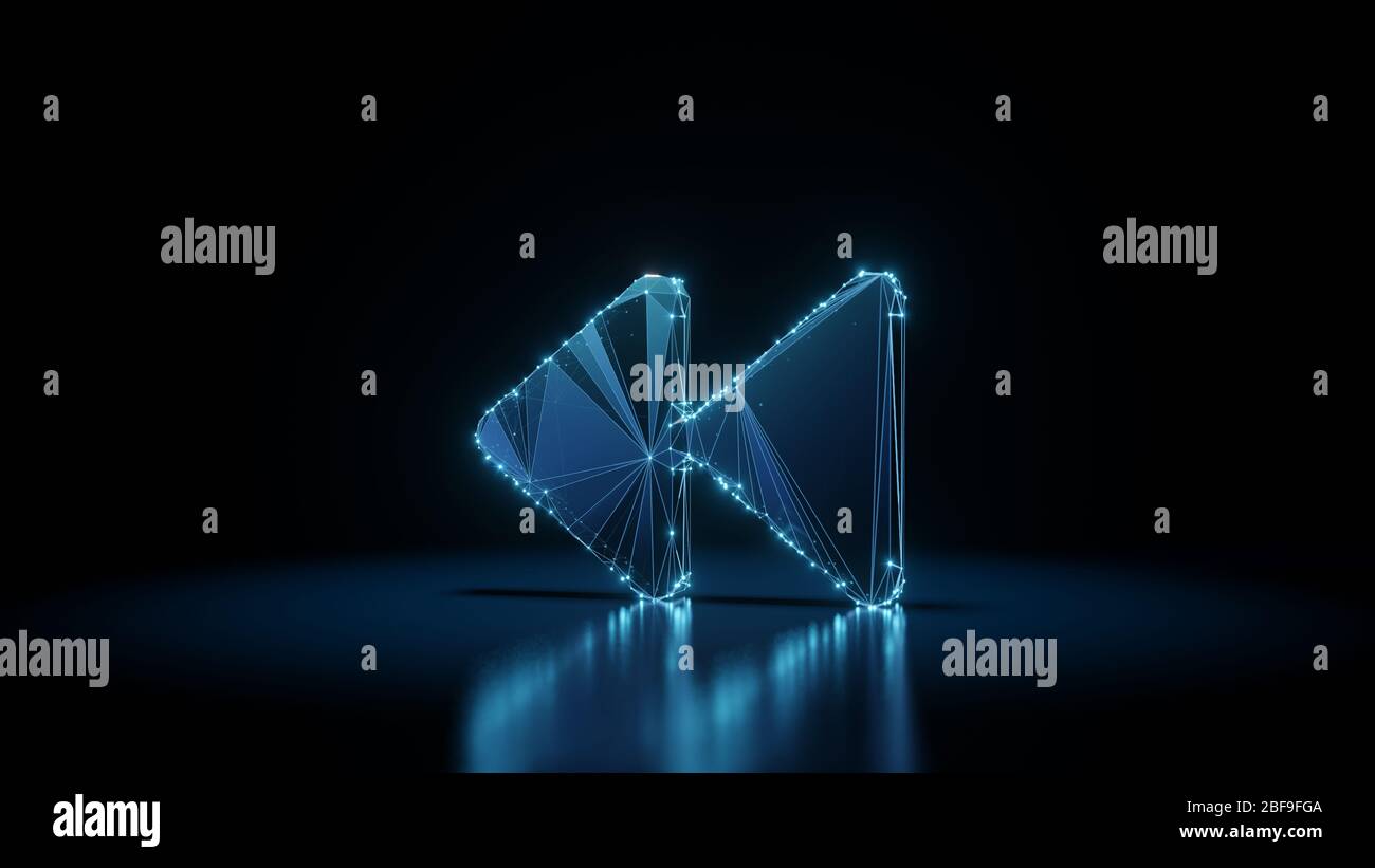 3d rendering wireframe digital techno neon glowing symbol of double fast backward left triangle ...