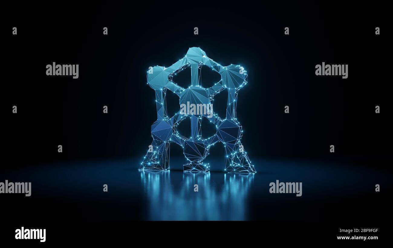 3d rendering wireframe digital techno neon glowing symbol of atomium ...