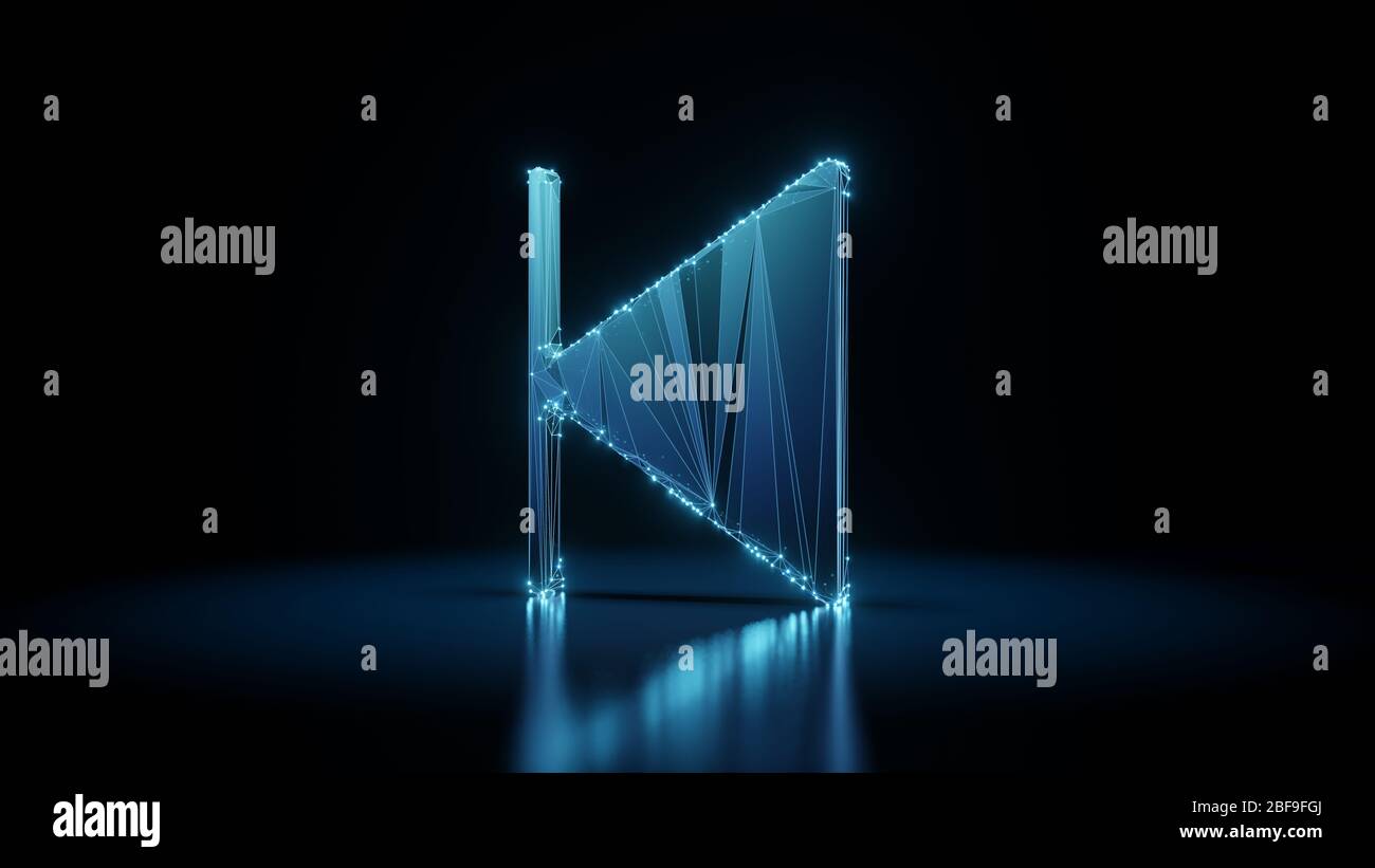 3d rendering wireframe digital techno neon glowing symbol of stop left back with thin line with ...