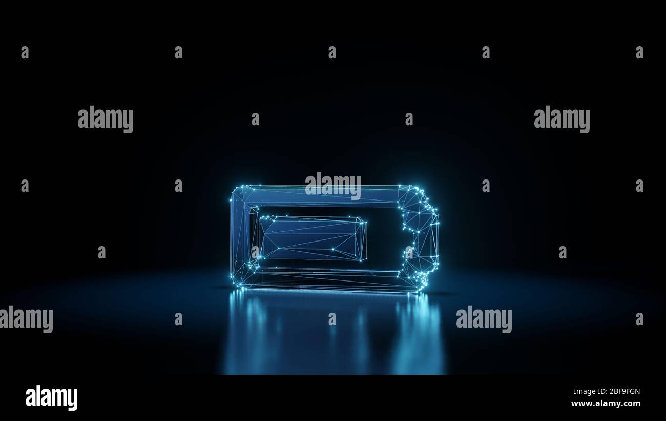 3d rendering wireframe digital techno neon glowing horizontal symbol of battery three quarters ...