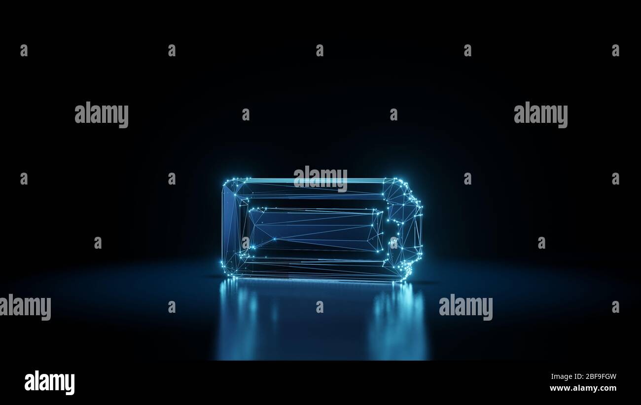 3d rendering wireframe digital techno neon glowing horizontal symbol of battery full with ...