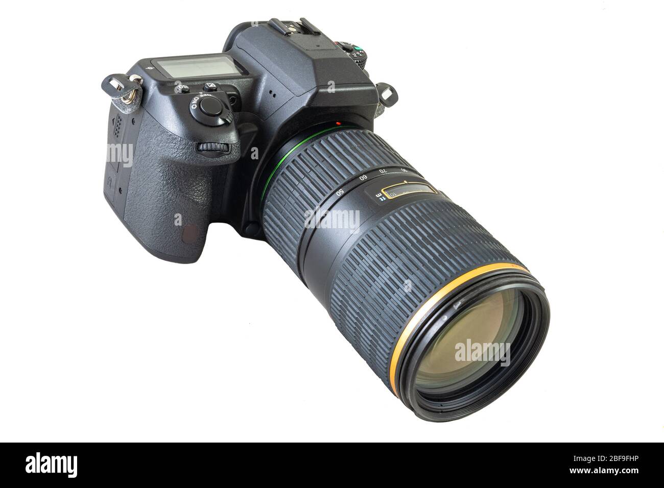 digital slr camera body and zoom lens attached isolated against white ...