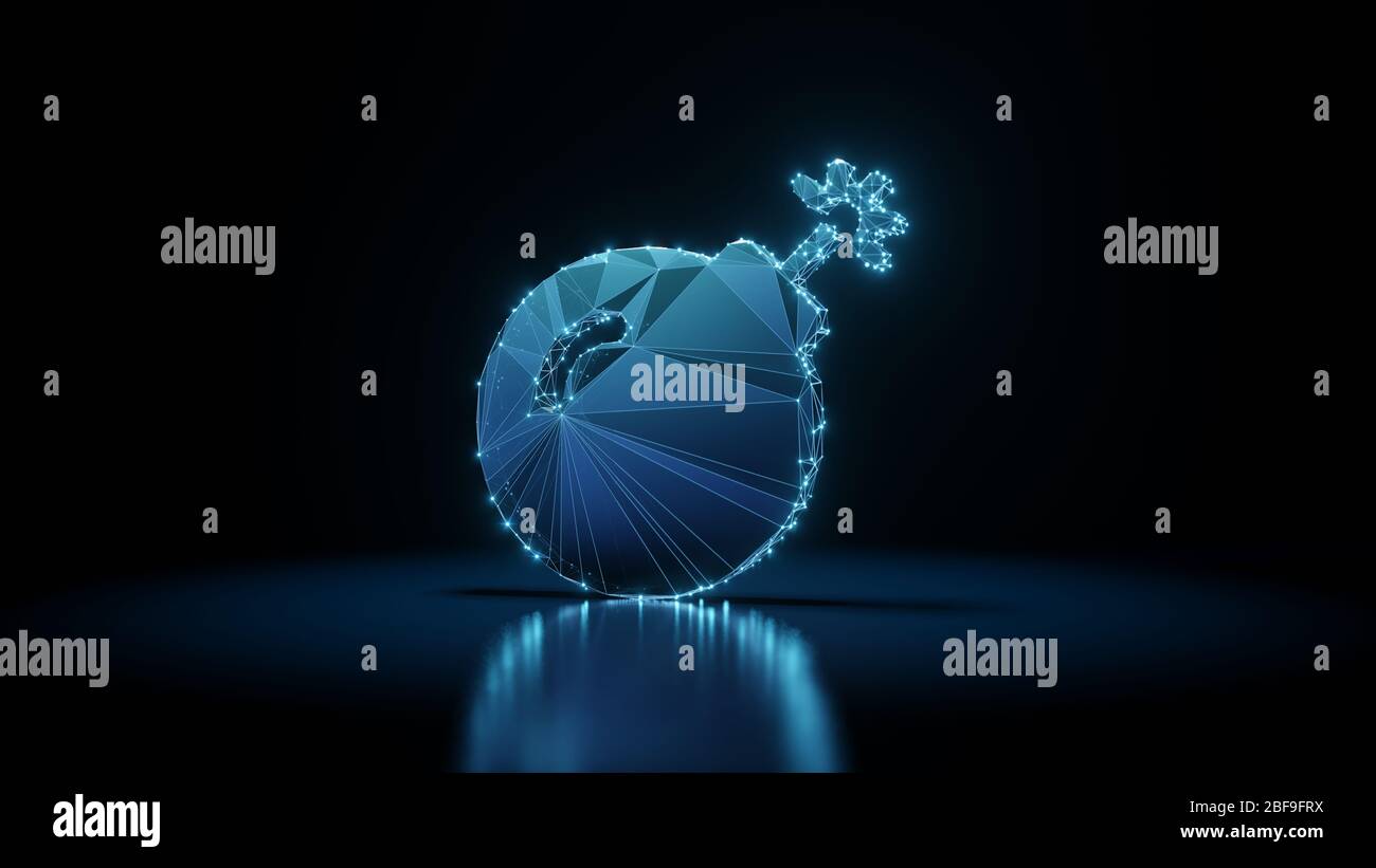 3d rendering wireframe digital techno neon glowing symbol of bomb with ...