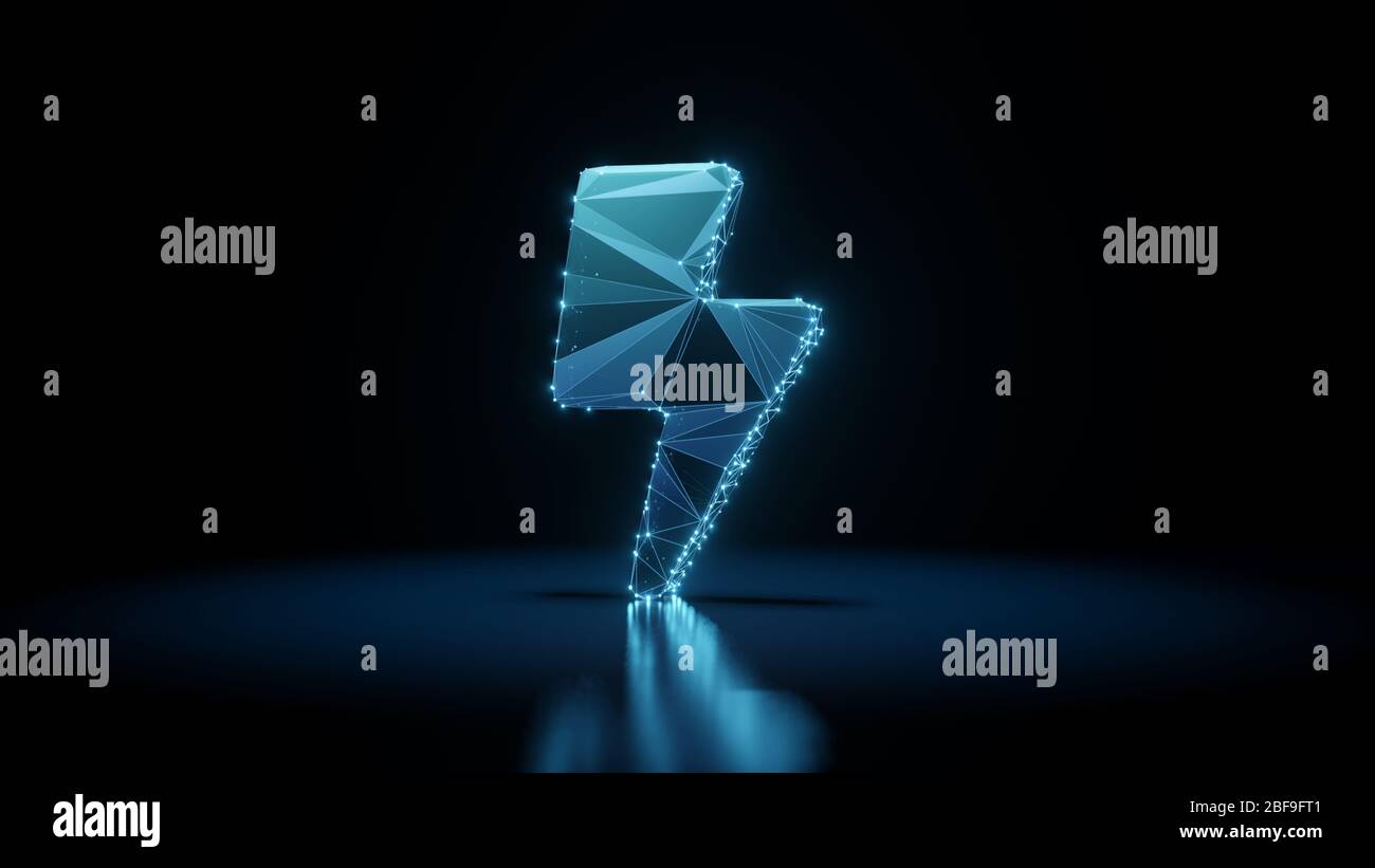 3d rendering wireframe digital techno neon glowing symbol of bolt of ...
