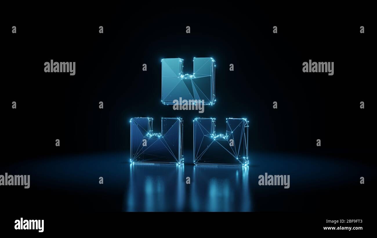 3d rendering wireframe digital techno neon glowing symbol of three boxes belted with tape with ...