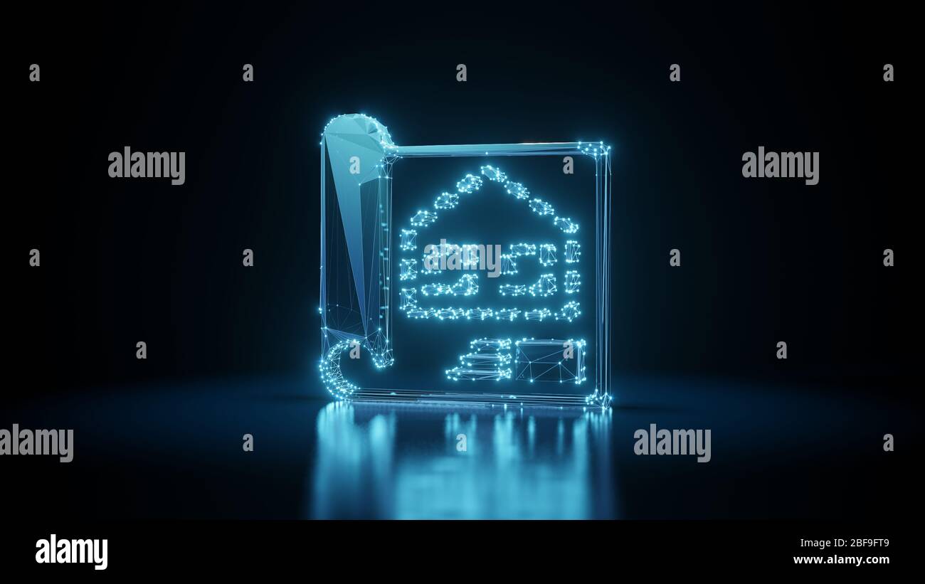 3d Rendering Wireframe Digital Techno Neon Glowing Symbol Of Blueprint With Shining Dots On