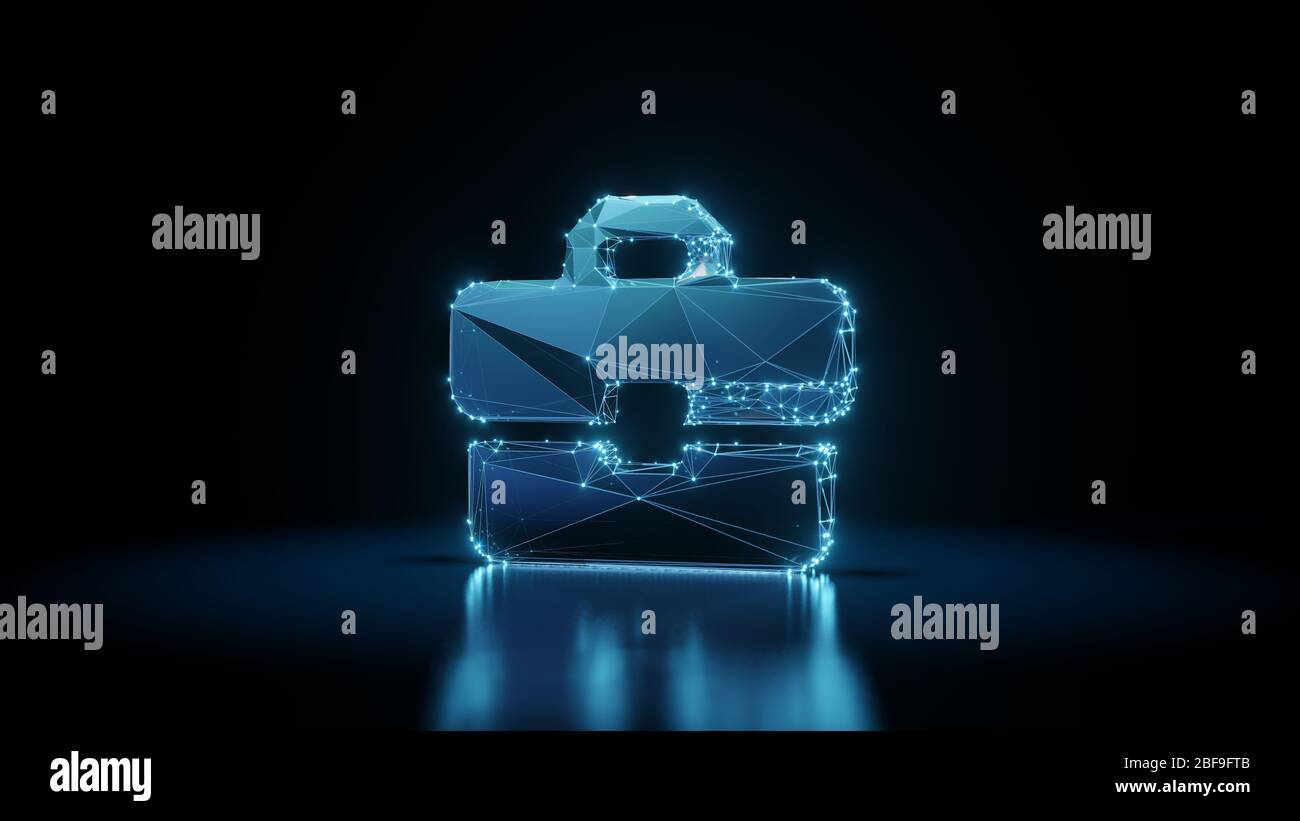 3d rendering wireframe digital techno neon glowing symbol of briefcase with shining dots on ...