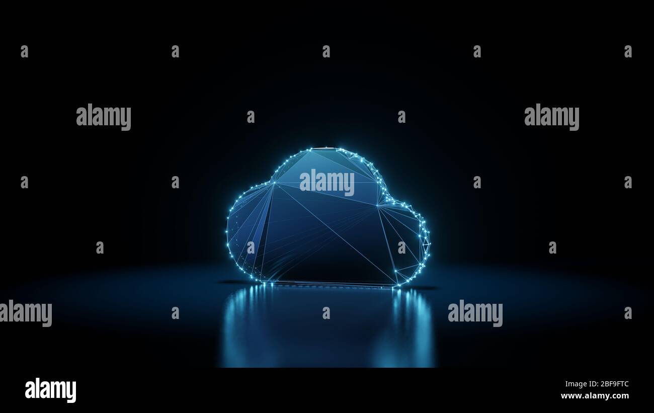 3d Rendering Wireframe Digital Techno Neon Glowing Symbol Of Filled Cloud With Shining Dots On