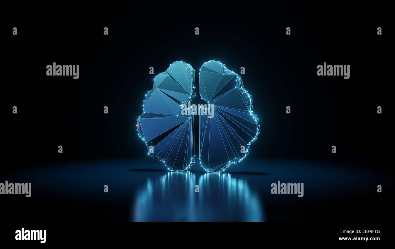 3d rendering wireframe digital techno neon glowing symbol of brain ...