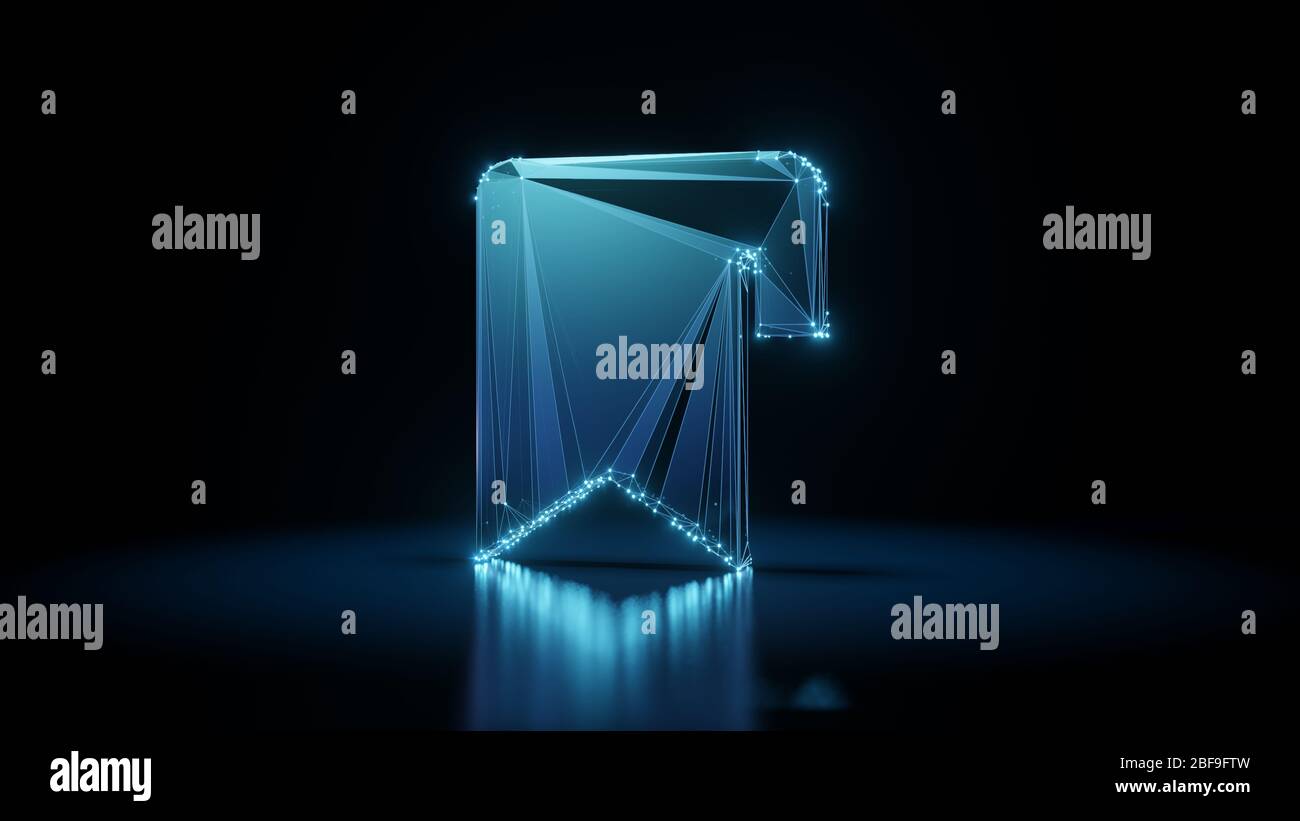 3d rendering wireframe digital techno neon glowing symbol of bookmark over page with shining ...