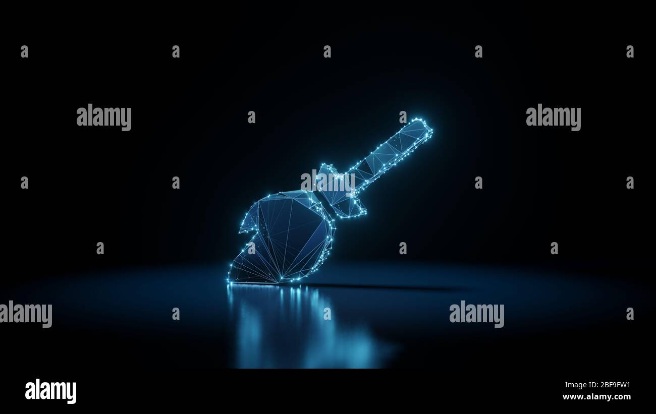 3d rendering wireframe digital techno neon glowing symbol of broom with ...