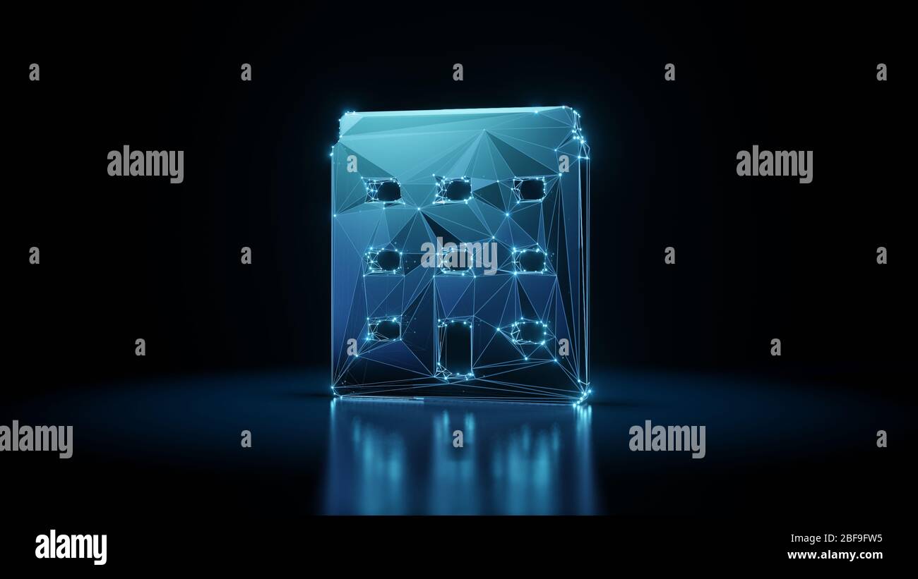 3d rendering wireframe digital techno neon glowing symbol of highrise building with shining dots ...