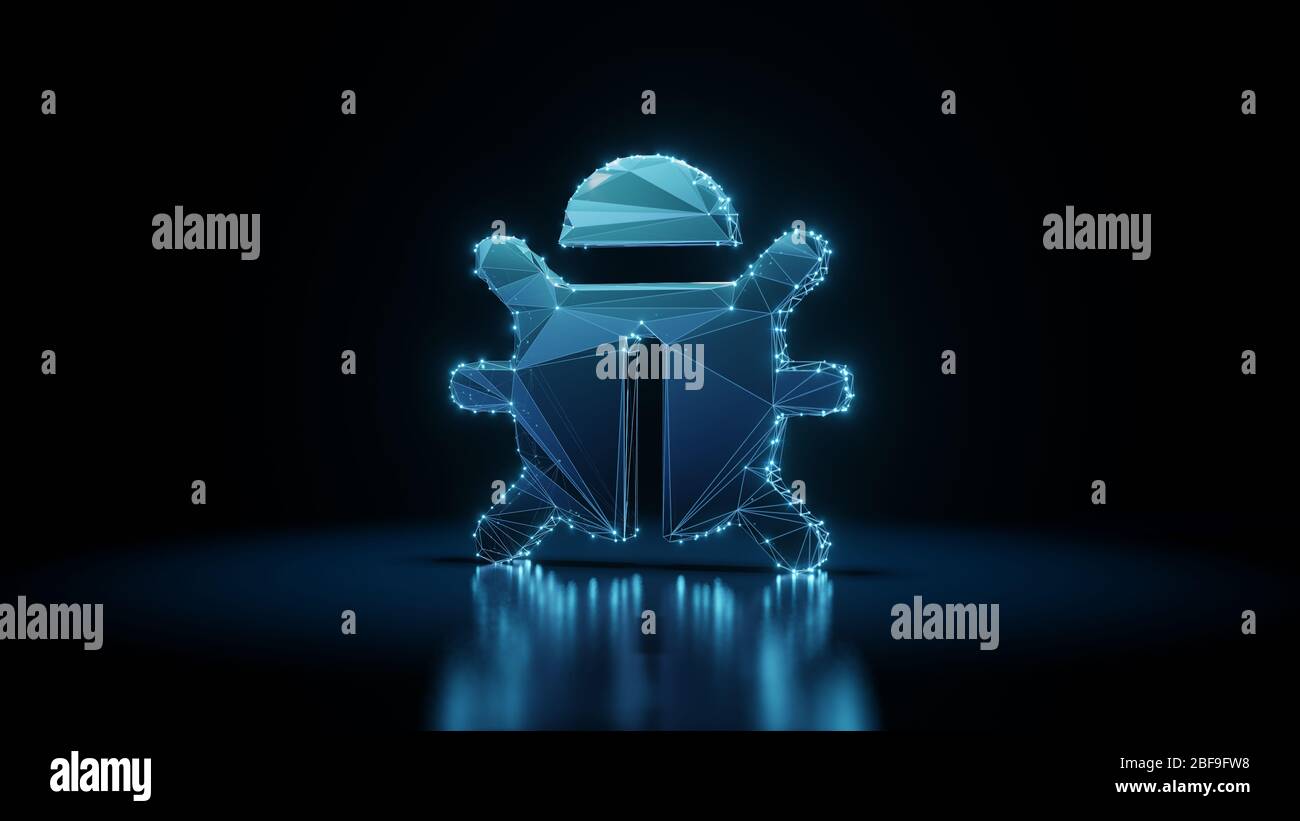 3d rendering wireframe digital techno neon glowing symbol of bug with ...